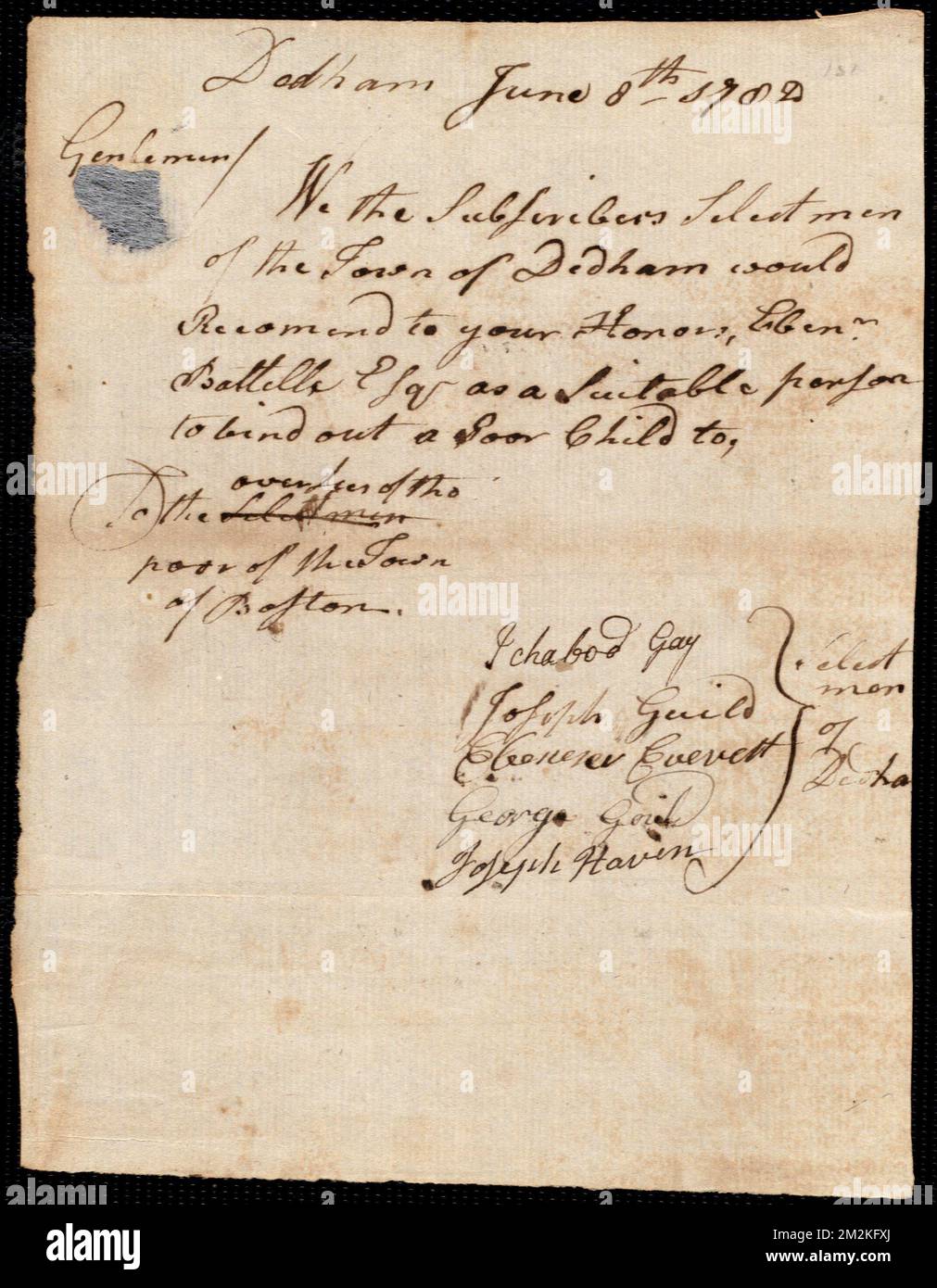 Document of indenture: Servant: Lydiett, Hannah. Master: Battelle ...