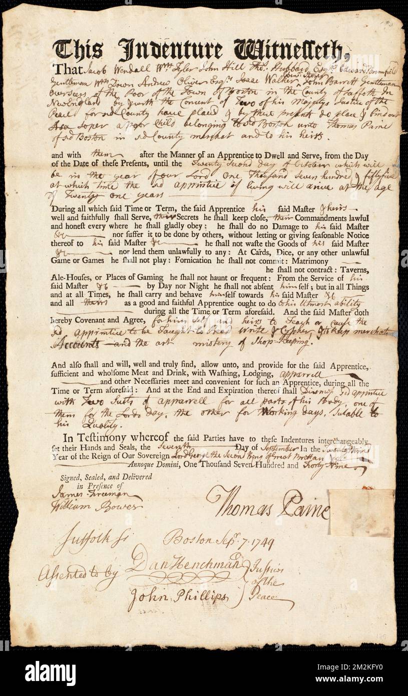 Document of indenture: Servant: Loper, Asa. Master: Paine, Thomas. Town ...