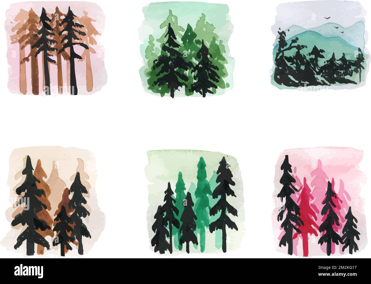 Set of Fir-tree Forest Isolated. Abstract Watercolor Free Hand Drawn ...