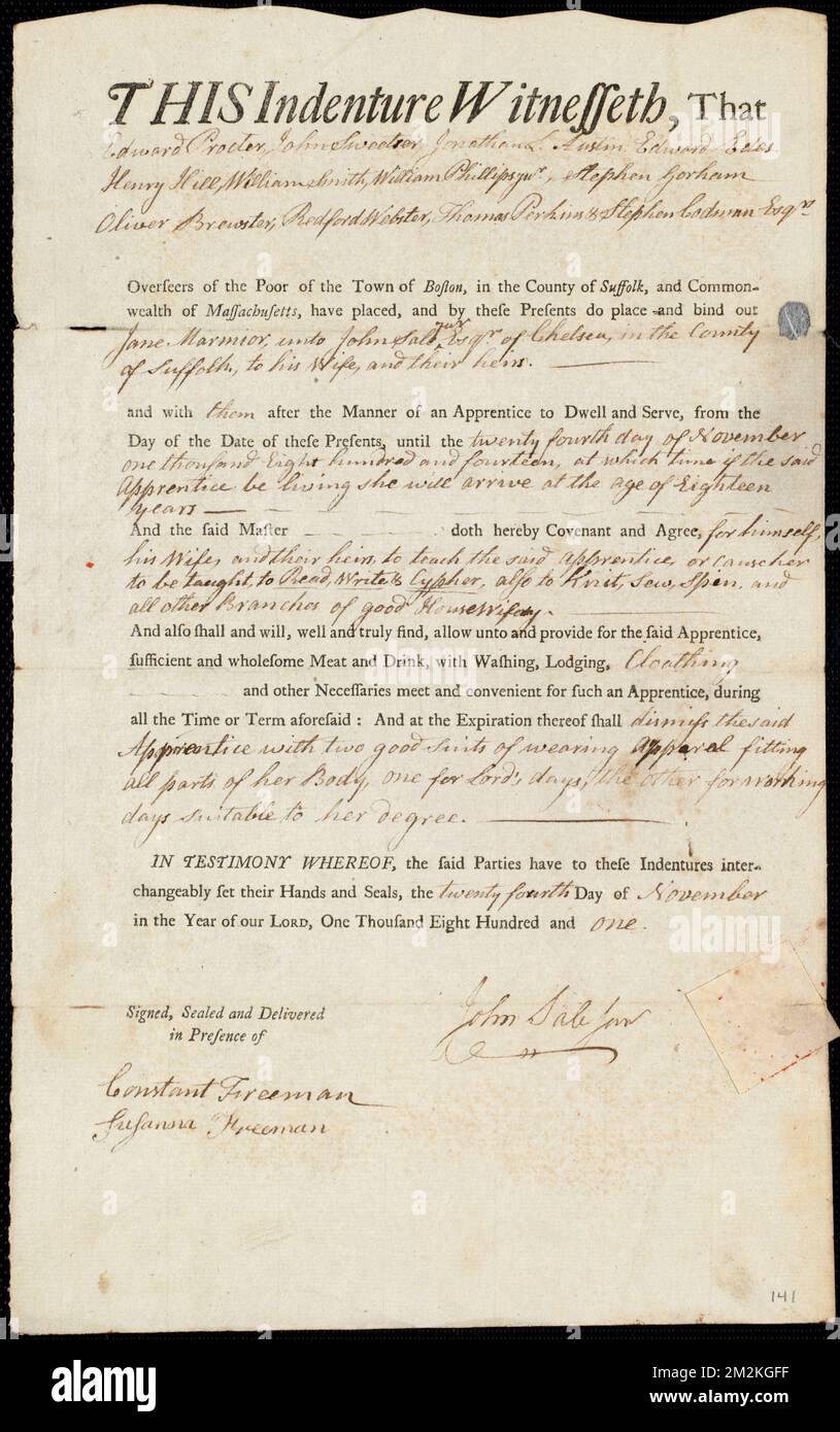 Document of indenture: Servant: Marmior, Jane. Master: Sale, John Jr ...