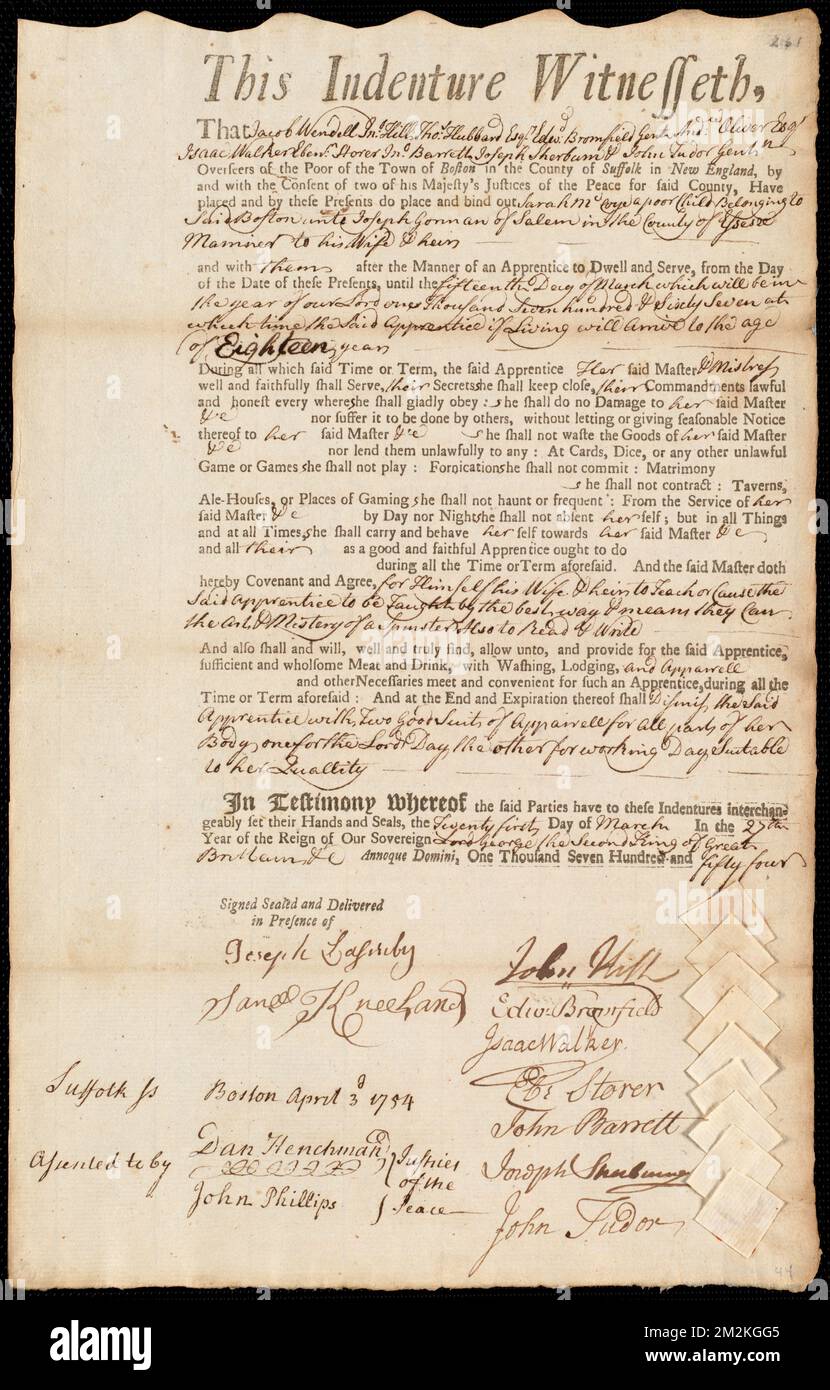 Document of indenture: Servant: McCoye, Sarah. Master: Gorman, Joseph ...