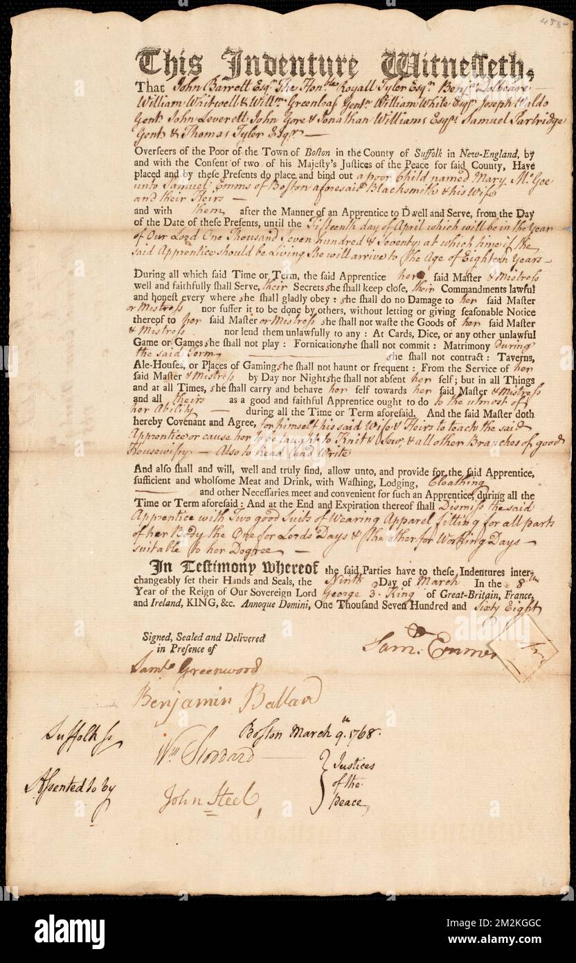 Document of indenture: Servant: McGee, Mary. Master: Emms, Samuel. Town ...