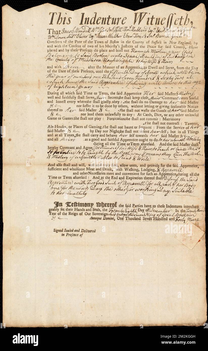 Document of indenture: Servant: Martin, Hannah. Master: Bauldin, Isaac ...