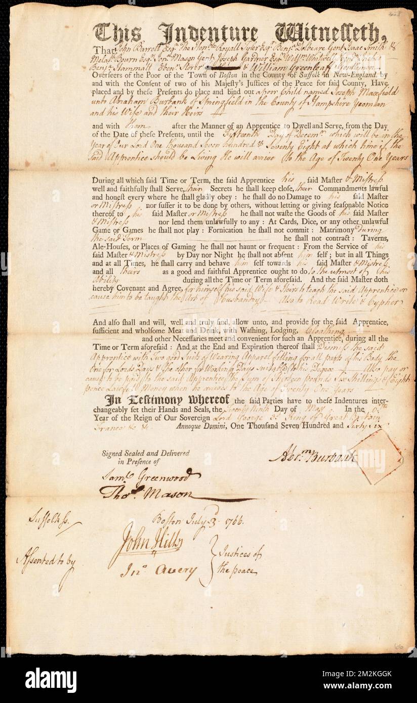 Document of indenture: Servant: Maxfield, Joseph. Master: Burbank ...