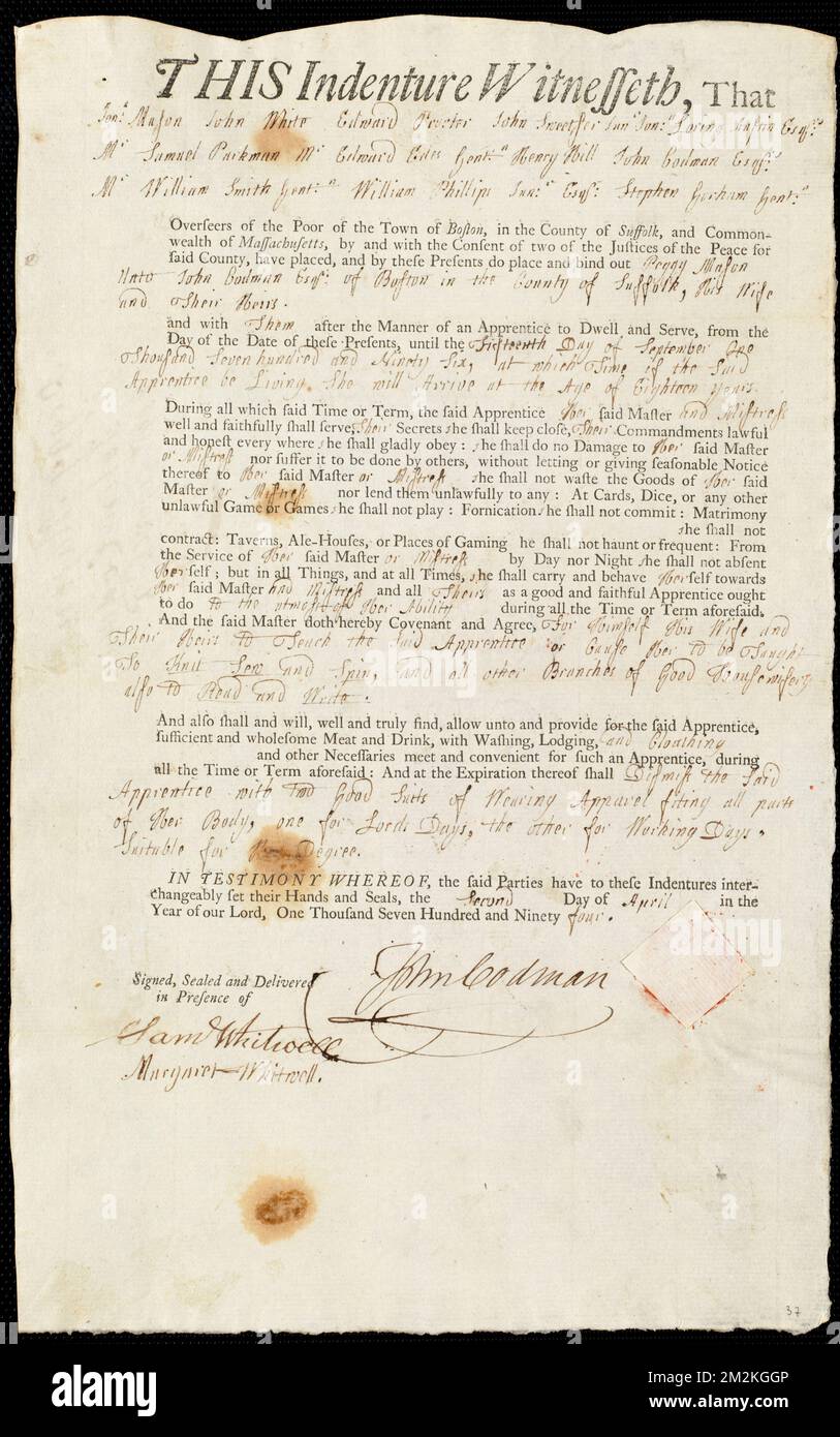 Document of indenture: Servant: Mason, Peggy. Master: Codman, John ...