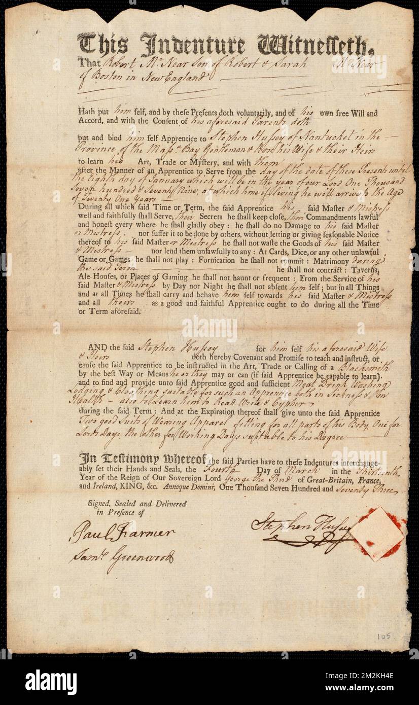 Document of indenture: Servant: McNear, Robert. Master: Husey ...