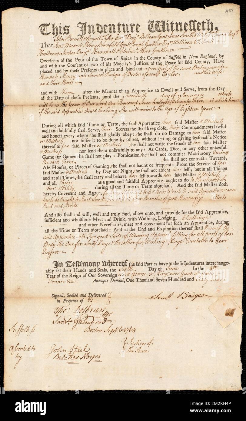 Document of indenture: Servant: Meney, Hannah. Master: Badger, Samuel ...