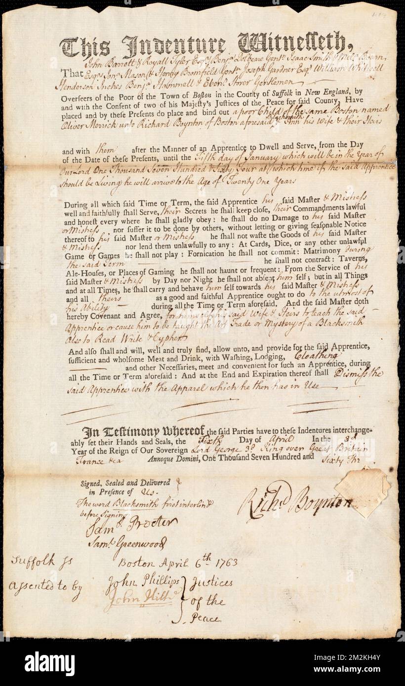 Document of indenture: Servant: Merrick, Oliver. Master: Boynton ...