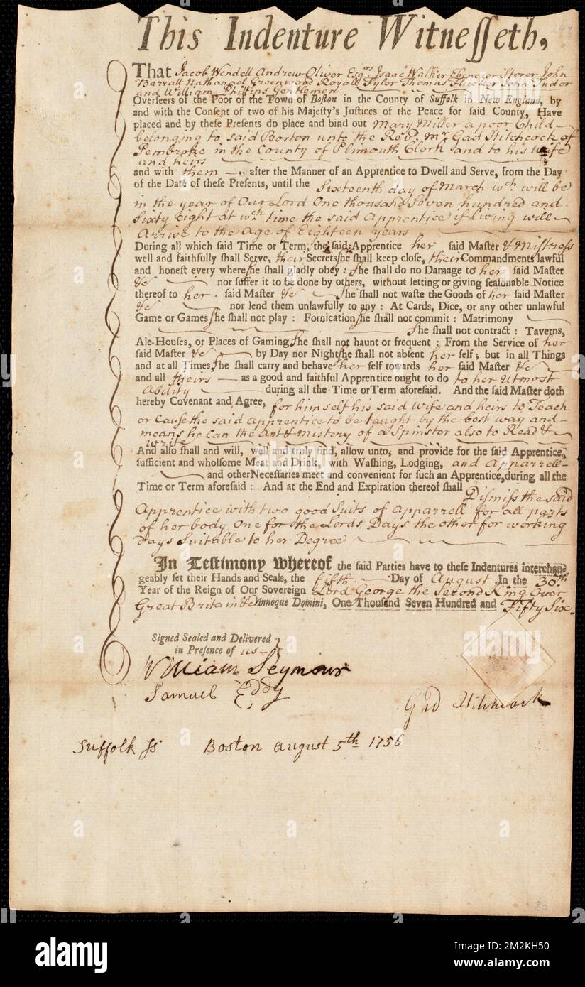 Document of indenture: Servant: Miller, Mary. Master: Hitchcock, Gad ...