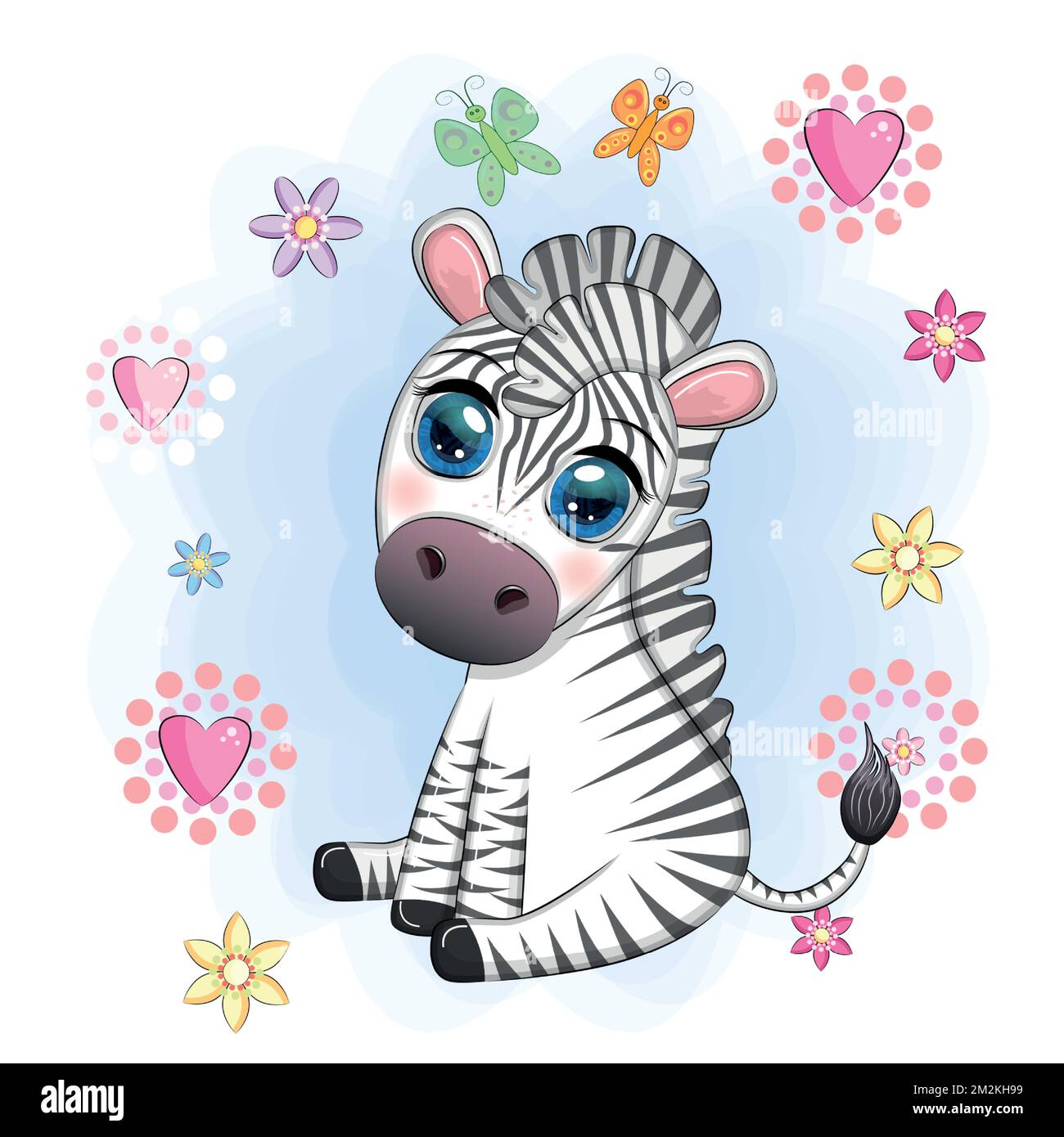 Cute cartoon zebra sits in flowers. Childish striped character, African ...