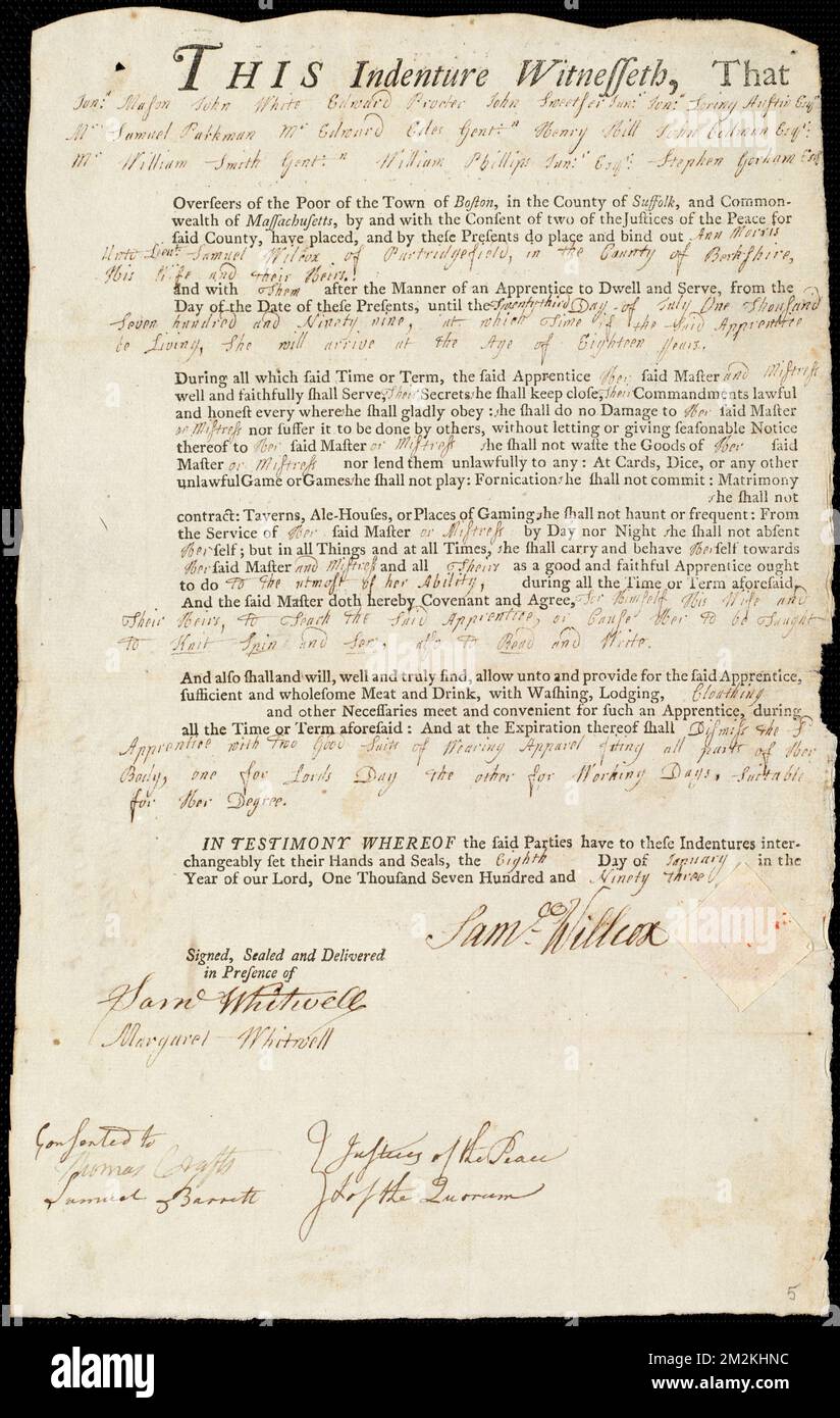 Document of indenture: Servant: Morris, Ann. Master: Wilcox, Samuel ...