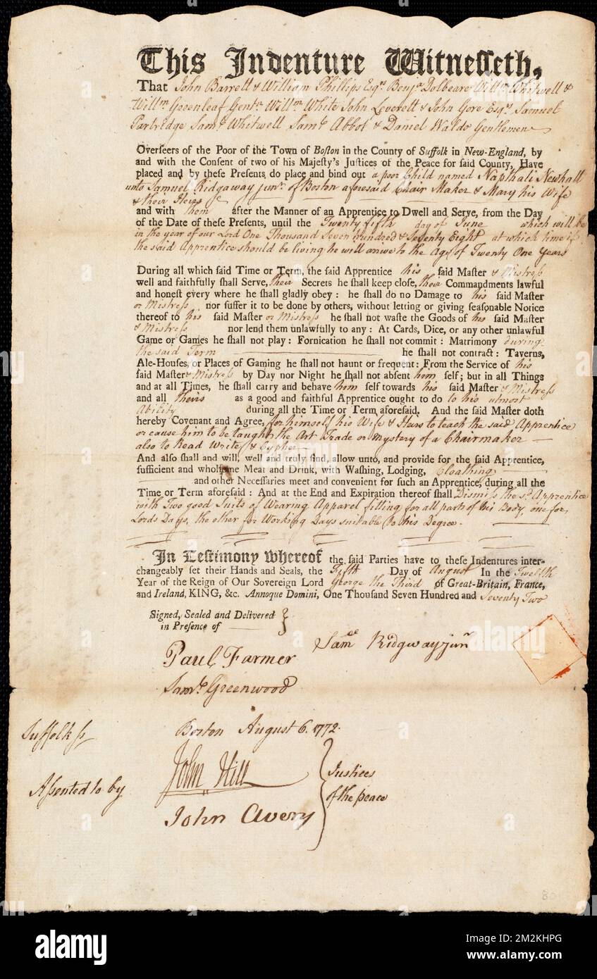 Document of indenture: Servant: Newhall, Nepthali [Napthali]. Master ...
