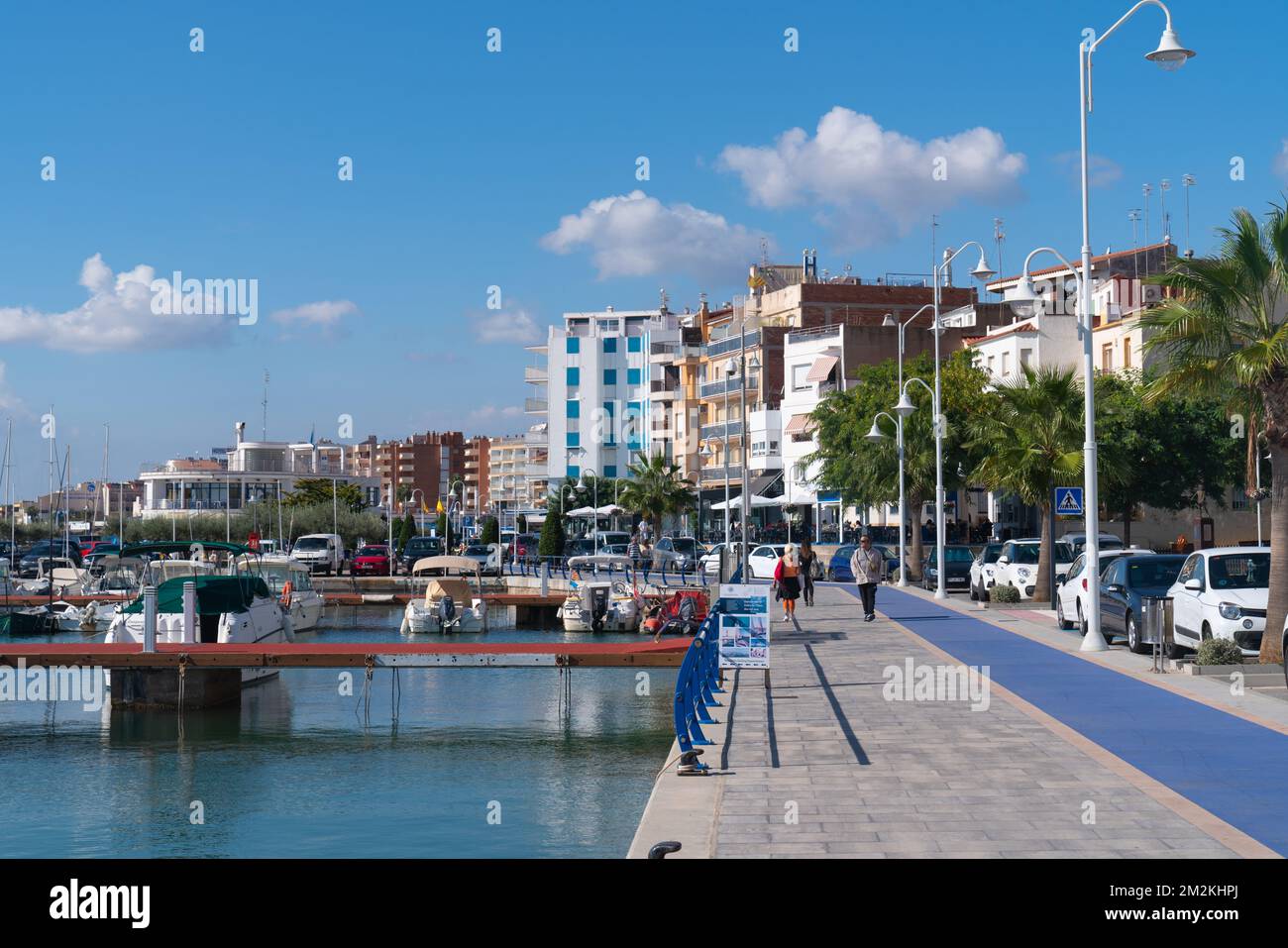 Promenade paseo with boats L'Ampolla Spain Costa Dorada town Catalonia ...