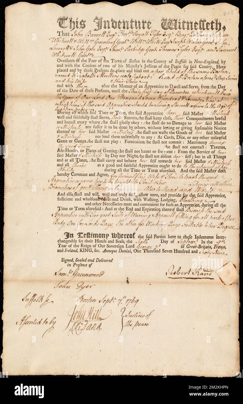 Document of indenture: Servant: Mullins, Elizabeth. Master: Rand ...