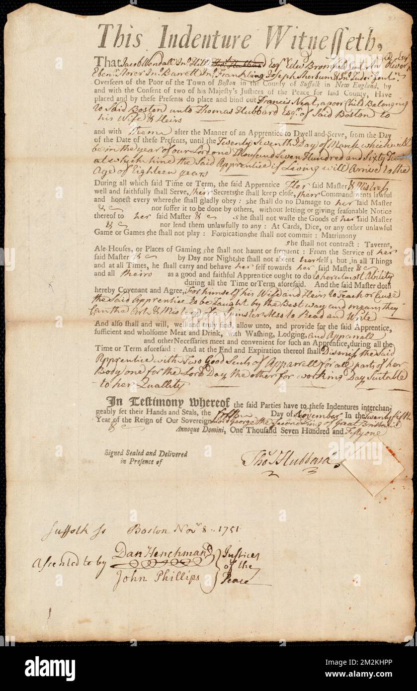 Document of indenture: Servant: Neat, Francis. Master: Hubbard, Thomas ...