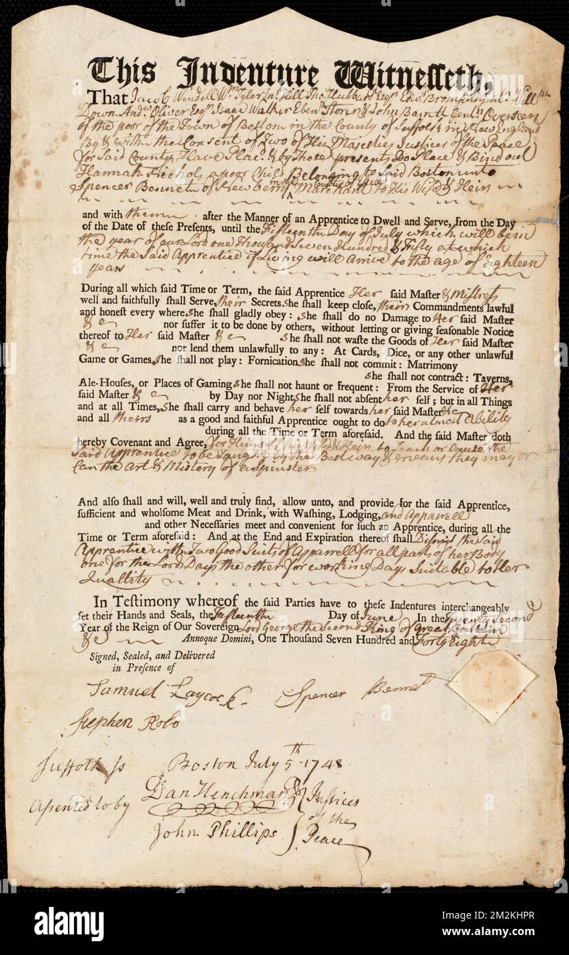 Document of indenture: Servant: Nichols, Hannah. Master: Bennett ...