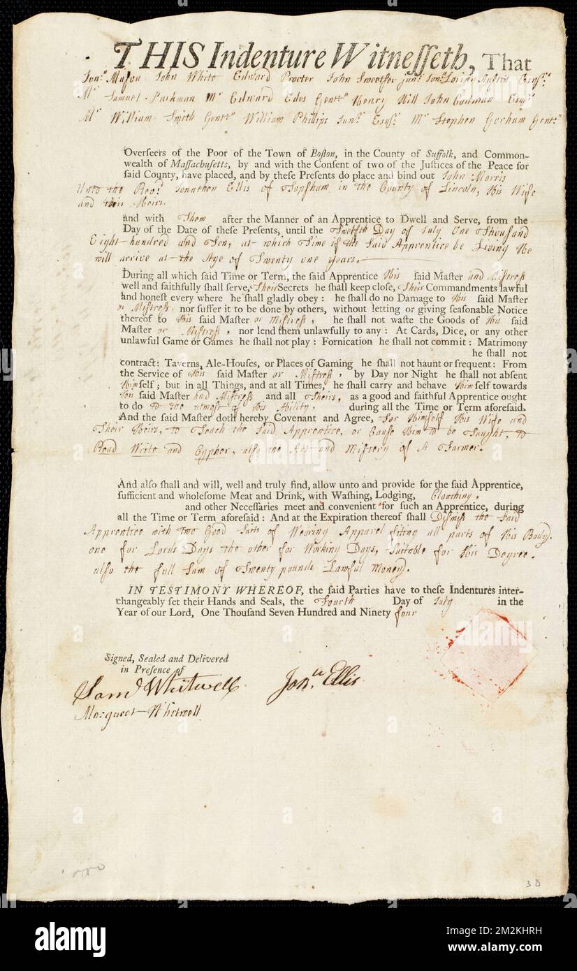 Document of indenture: Servant: Morris, John. Master: Ellis, Jonathan ...