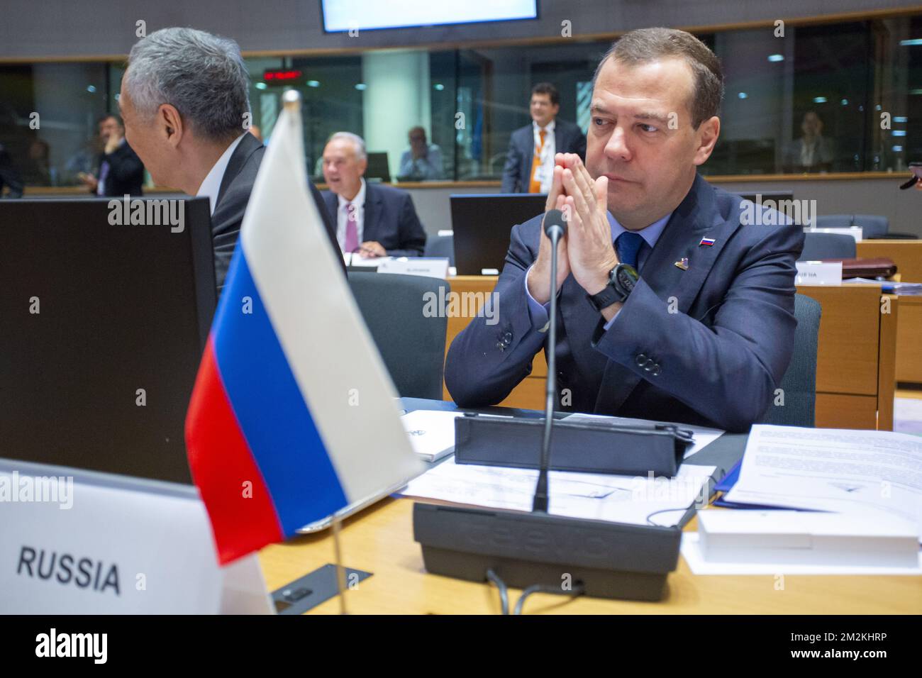 Russia Prime Minister Dimitry Medvedev pictured during a round table at ...
