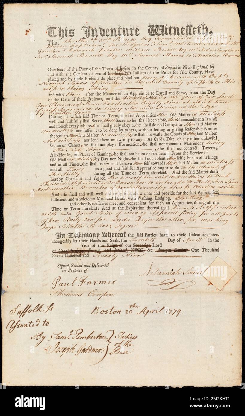 Document of indenture: Servant: Nickerson, Mary. Master: Somes ...