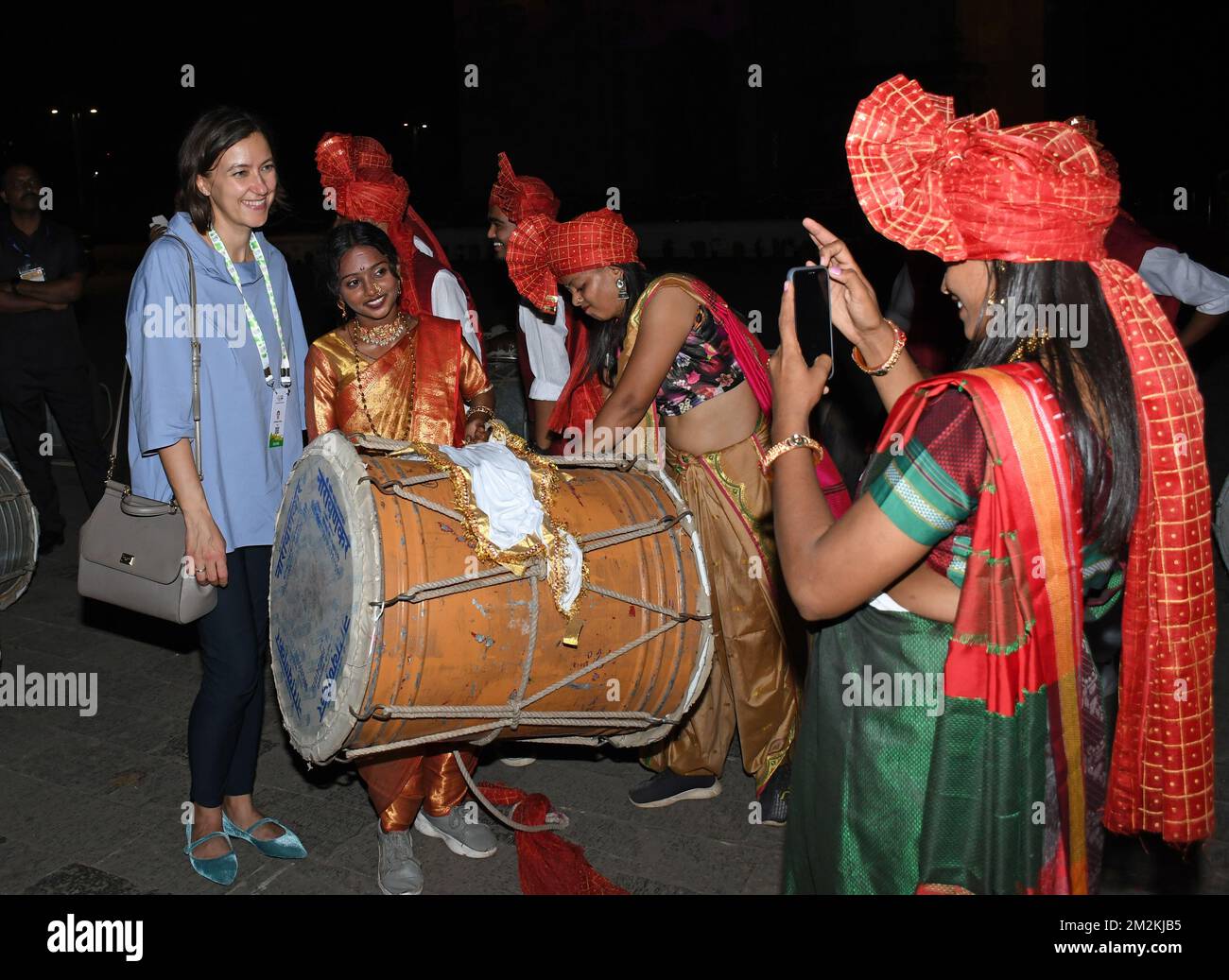 Mumbai, India. 13th Dec, 2022. Local women band pose for a photo with a ...