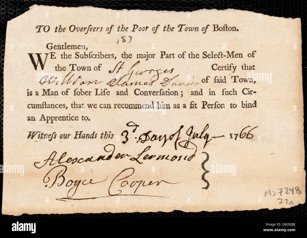 Document of indenture: Servant: Palfrey, William. Master: James ...