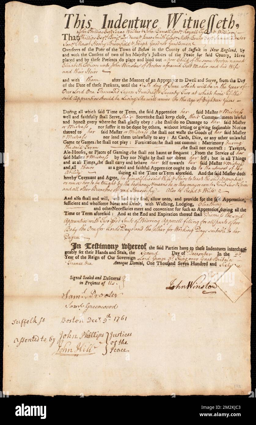 Document of indenture: Servant: Obison, Elizabeth. Master: Winslow ...