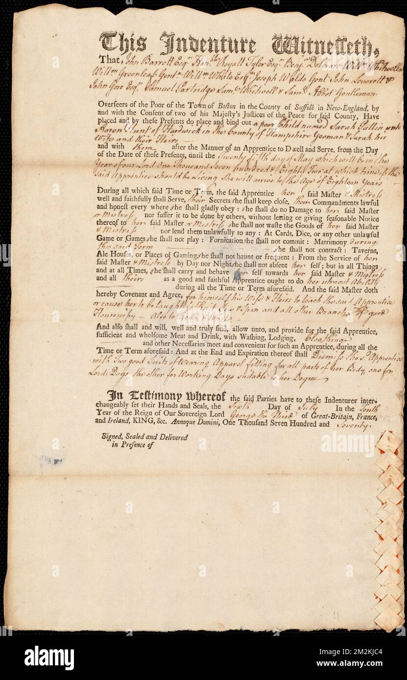 Document of indenture: Servant: Pattin, Sarah. Master: Hunt, Aaron ...