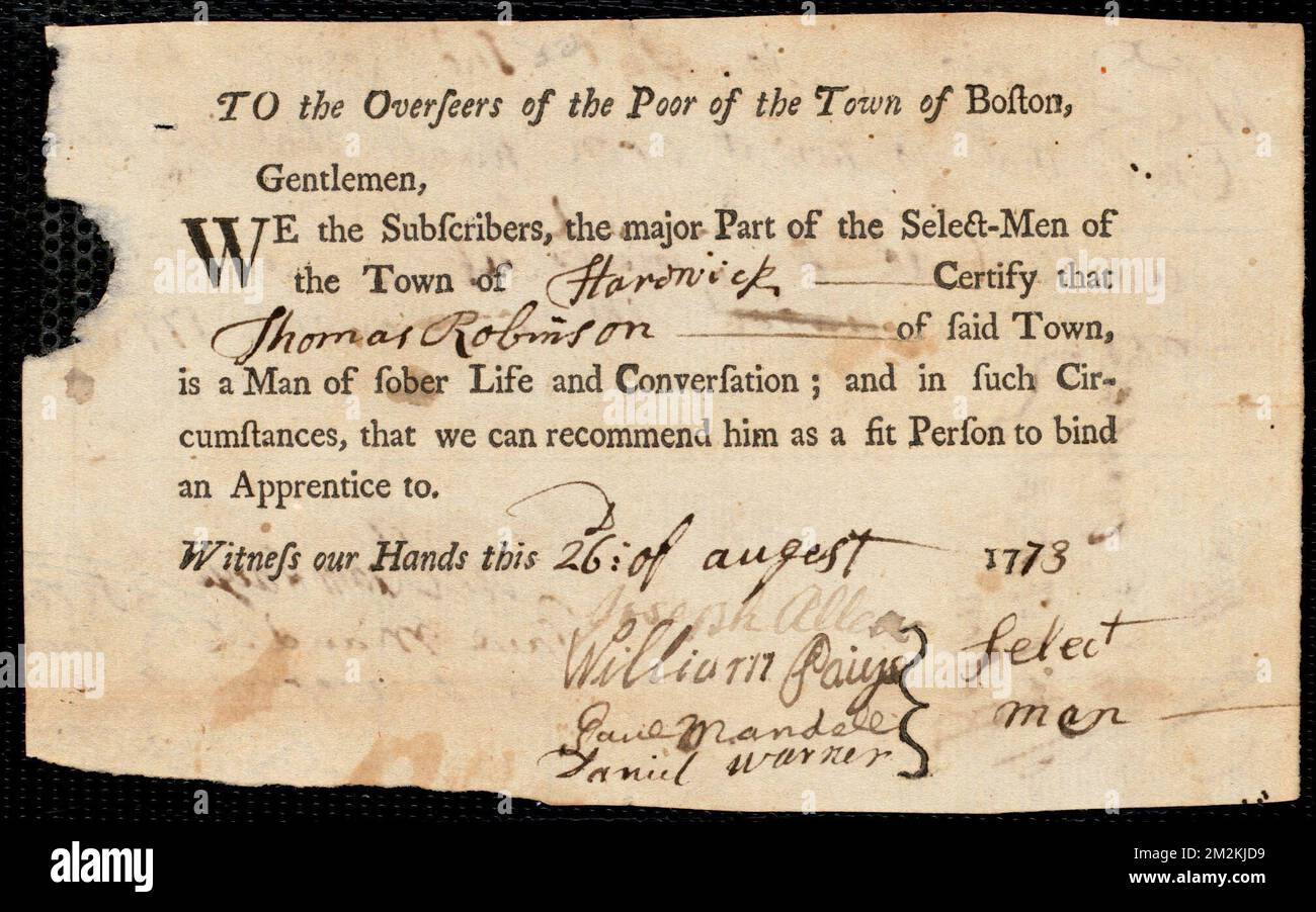 Document of indenture: Servant: Pattin, Sarah. Master: Robinson, Thomas ...