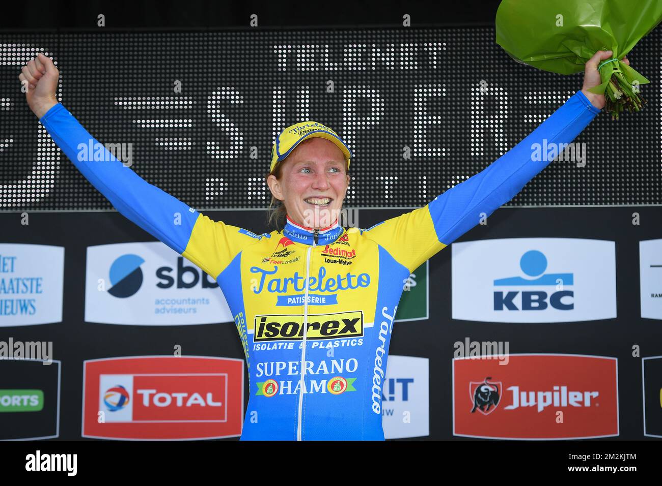 Belgian Kim Van De Steene celebrates on the podium after winning the ...