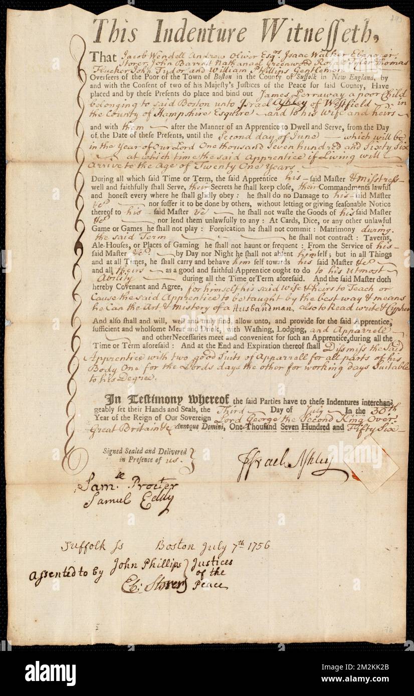 Document of indenture: Servant: Perraway, James. Master: Ashley, Israel ...