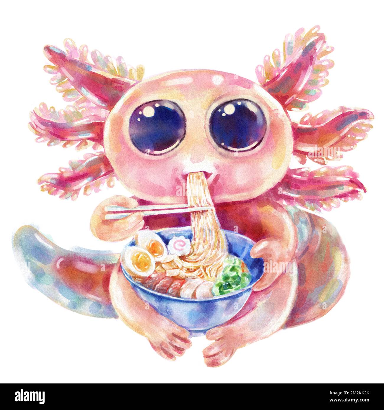 Cute axolotl eating ramen,, watercolor digital illustration Stock Photo ...