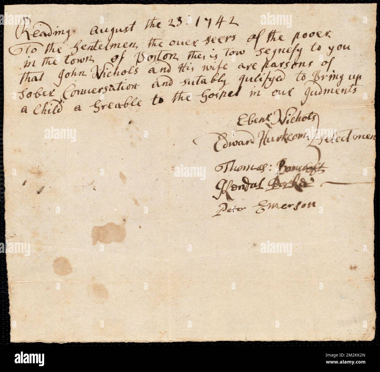 Document of indenture: Servant: Perry, Savage. Master: Nichols, John ...