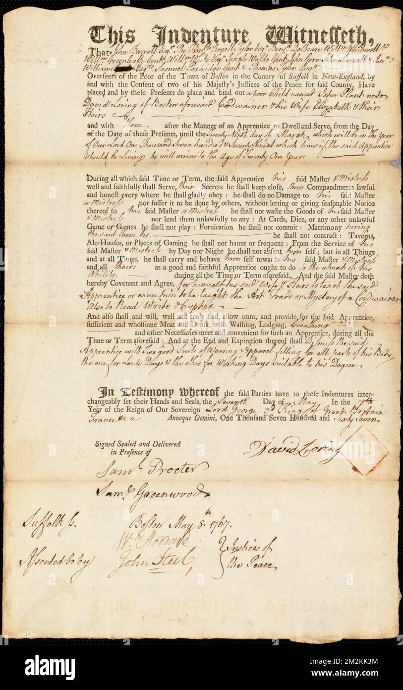 Document of indenture: Servant: Plant, John. Master: Loring, David ...