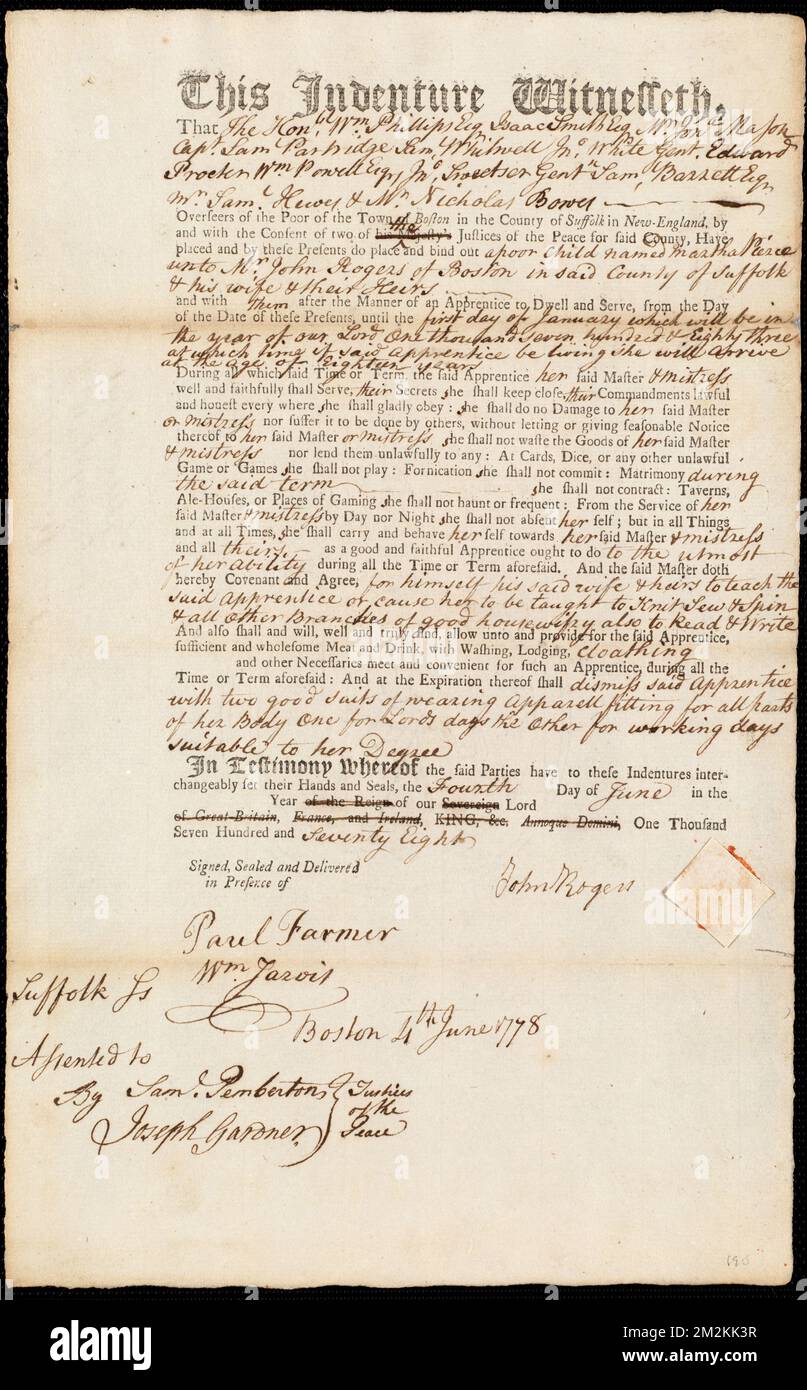 Document of indenture: Servant: Pierce, Martha. Master: Rogers, John ...
