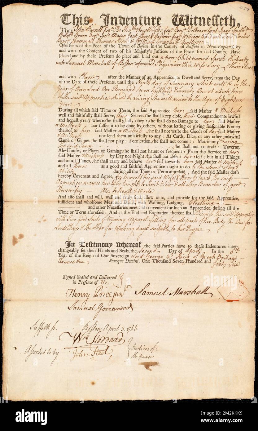 Document of indenture: Servant: Richards, Sarah. Master: Marshall ...