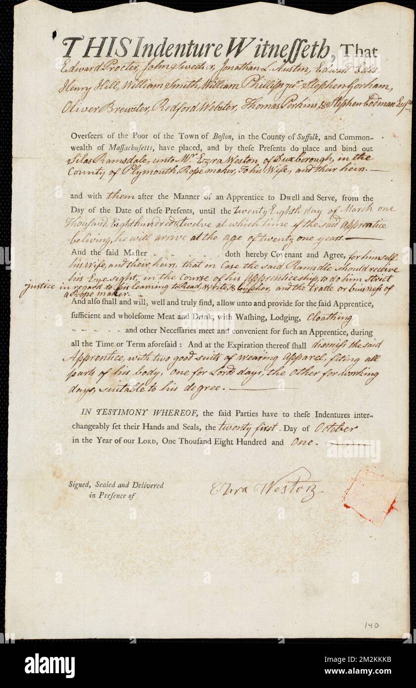 Document of indenture: Servant: Ramsdale, Silas. Master: Weston, Ezra ...