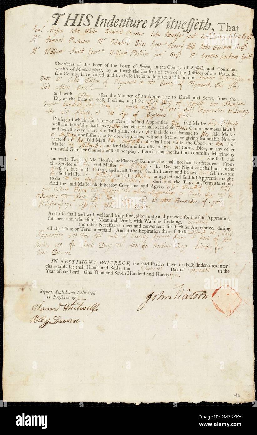 Document of indenture: Servant: Richardson, Lavinia. Master: Watson ...
