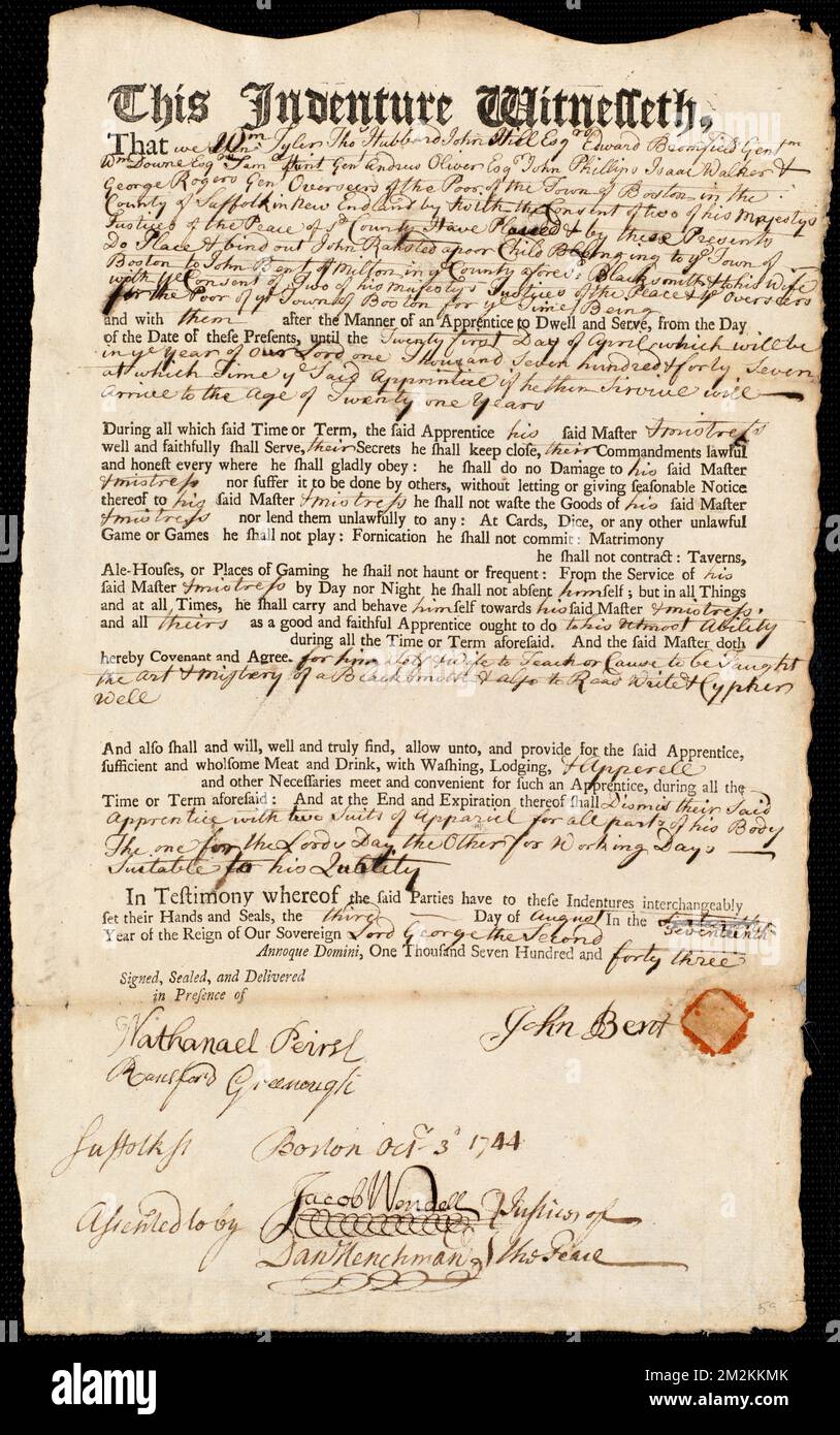 Document of indenture: Servant: Ransted, John. Master: Bent, John. Town ...