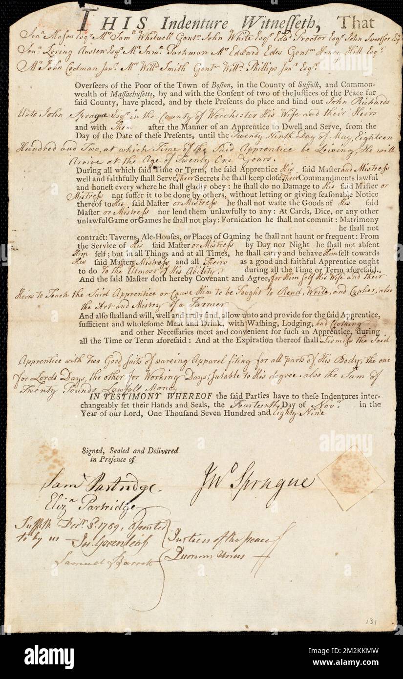 Document of indenture: Servant: Richards, John. Master: Sprague, John ...