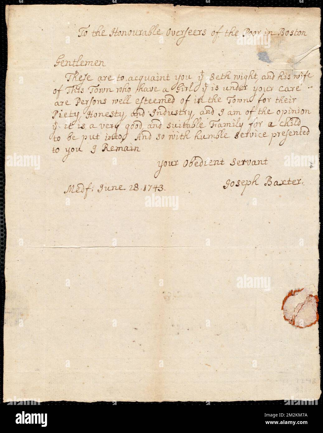 Document of indenture: Servant: Robinson, Lydia. Master: Wight, Seth ...