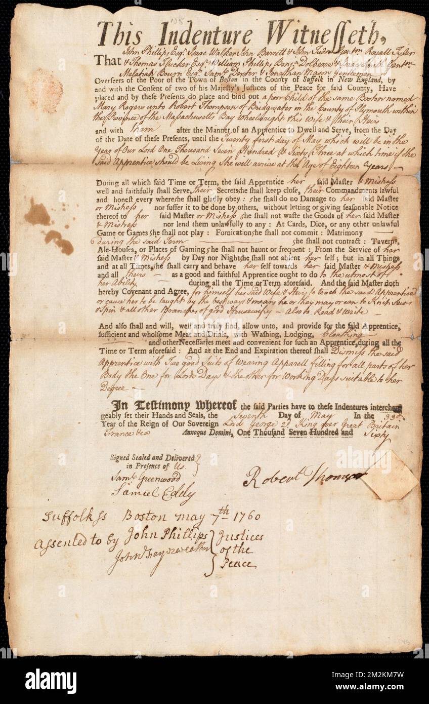 Document of indenture: Servant: Rogers, Mary. Master: Thompson, Robert ...