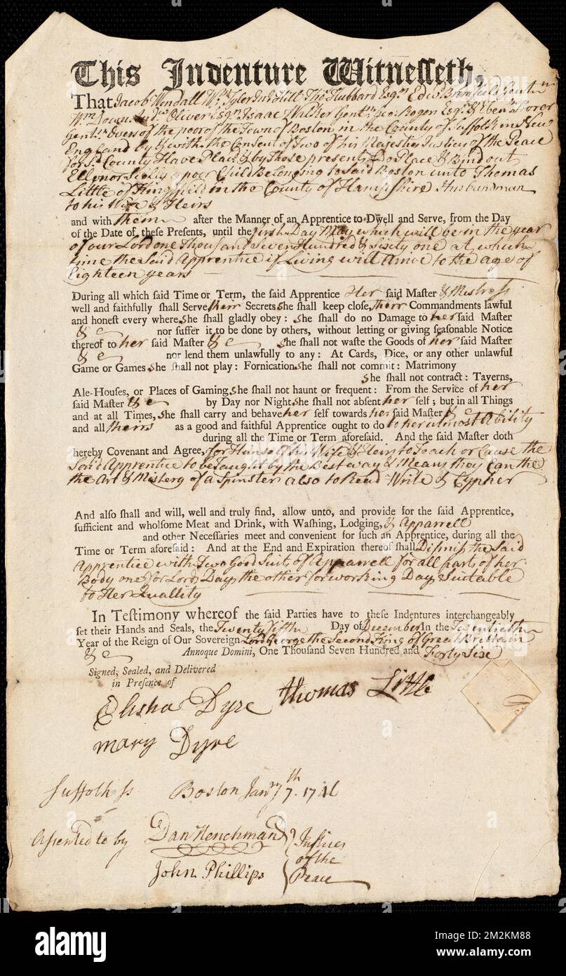 Document of indenture: Servant: Scolly, Ellenor. Master: Little, Thomas ...