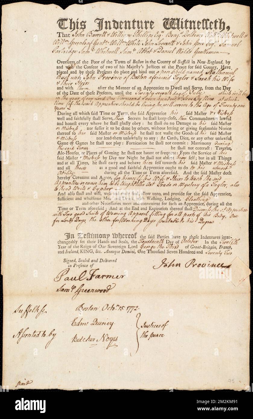 Document of indenture: Servant: Rust, Nathaniel. Master: Province, John ...