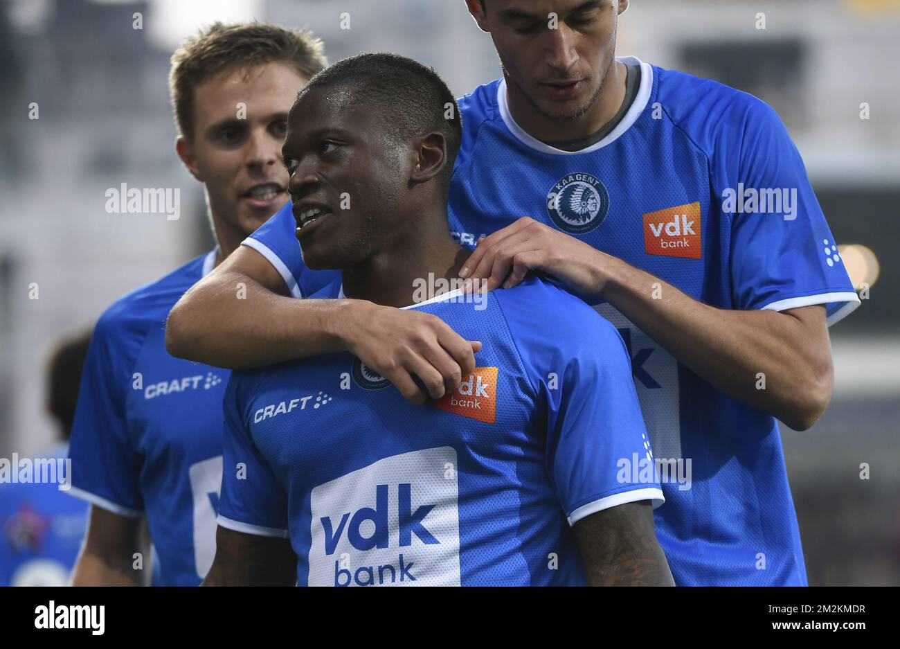 Gent's Stallone Limbombe celebrates after scoring during a soccer game ...