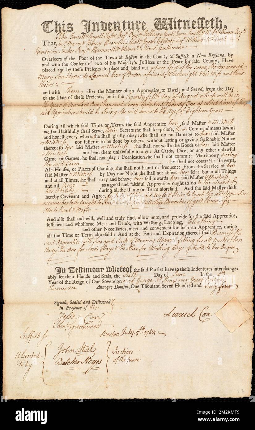 Document of indenture: Servant: Scudder, Mary. Master: Cox, Lemuel ...