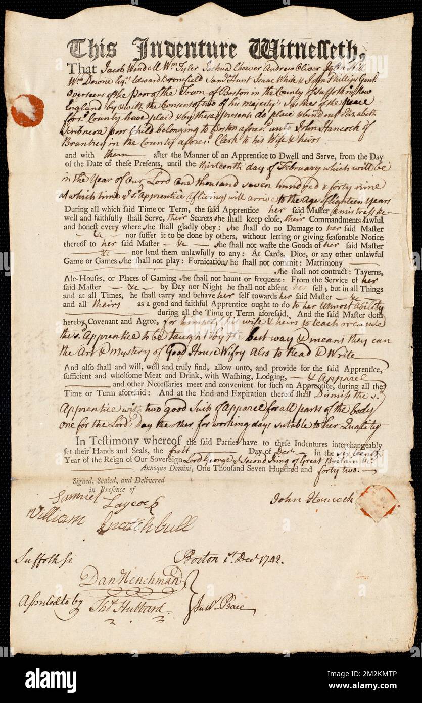 Document of indenture: Servant: Scribner, Elisabeth. Master: Hancock ...