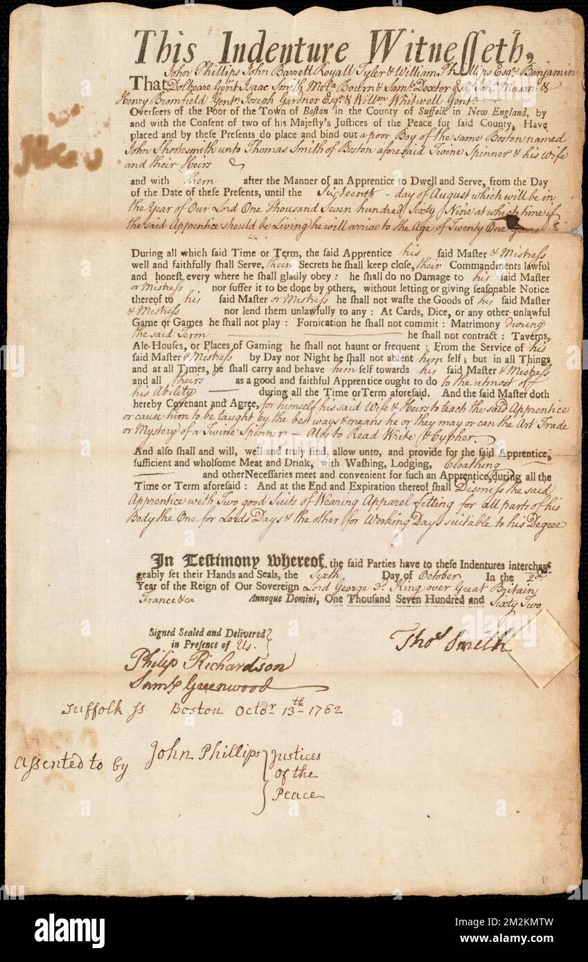 Document of indenture: Servant: Shootesmith, John. Master: Smith ...