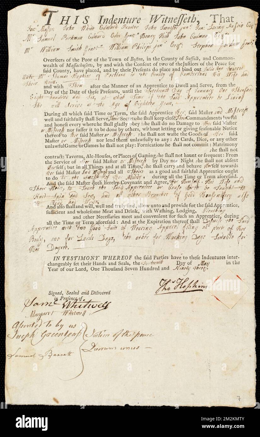 Document of indenture: Servant: Scriever, Julia Ann. Master: Hopkins ...