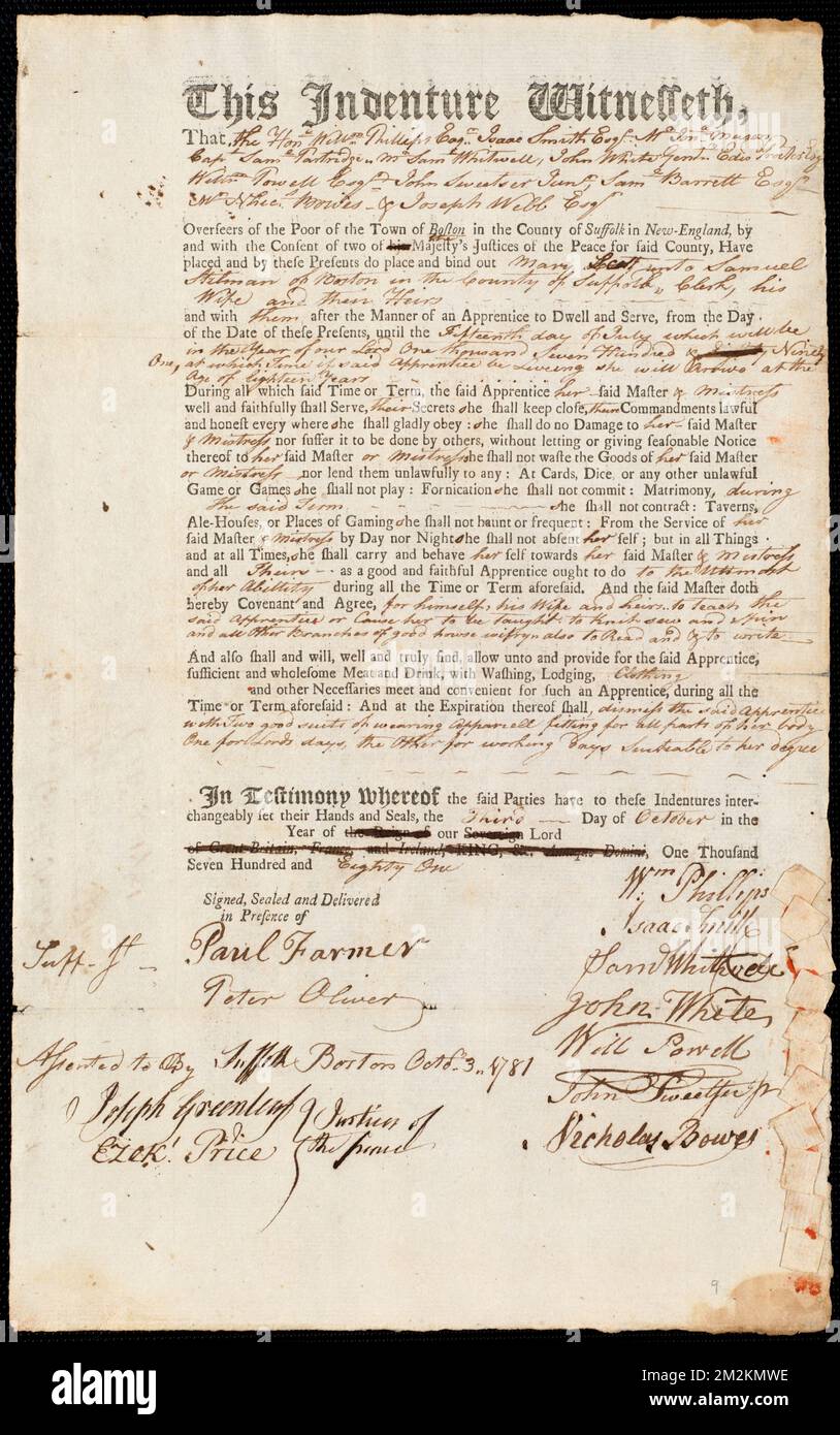 Document of indenture: Servant: Scott, Mary. Master: Stilman, Samuel ...