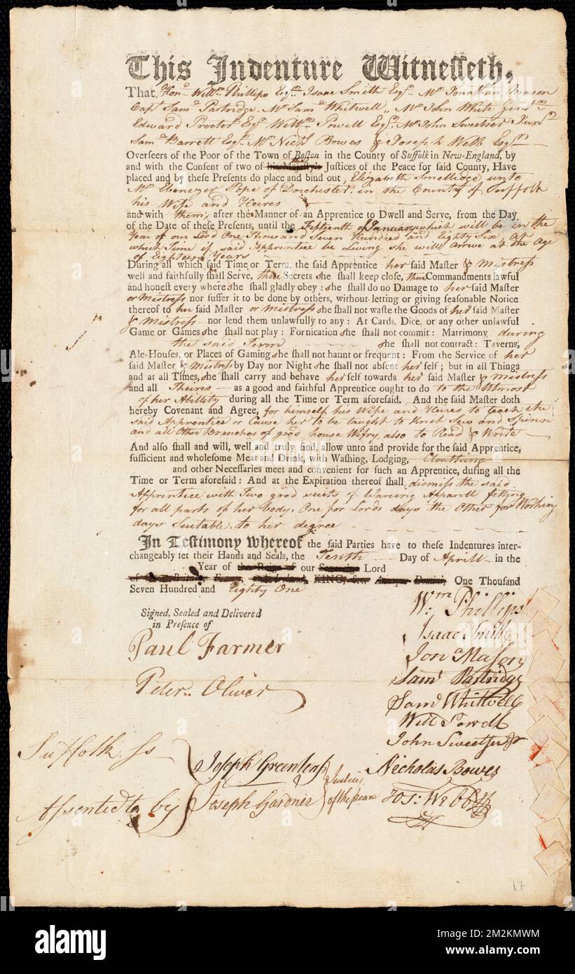 Document of indenture: Servant: Smellidge, Elizabeth. Master: Pope ...